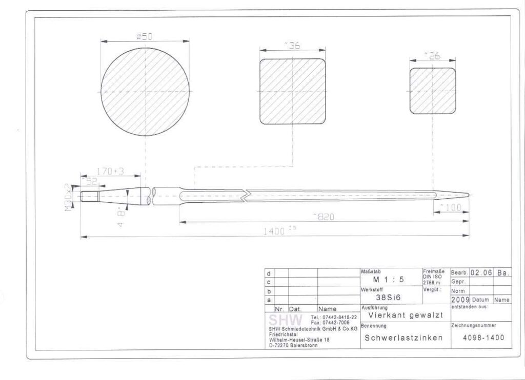 49" long 4,700 lb rated Bale Spear Tine (CONUS-3) - Messer Attachments